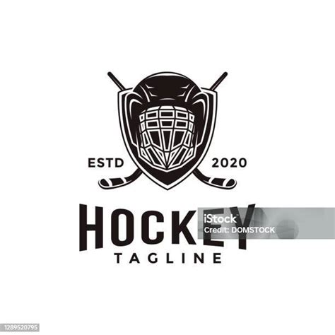 흰색 배경에 교차 하키 스틱 쉴드와 헬멧 아이콘 빈티지 씰 배지 하키 스포츠 벡터 로고에 대한 스톡 벡터 아트 및 기타 이미지