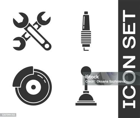 기어 시프터 렌치 카 브레이크 디스크 캘리퍼 및 자동차 스파크 플러그 아이콘을 설정합니다 벡터 강철에 대한 스톡 벡터 아트 및