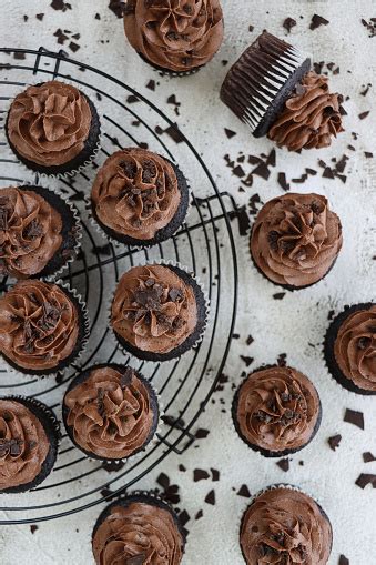 원형 검은 색 금속 와이어 냉각 랙 초콜릿 버터 착빙 파이프 소용돌이 초콜릿 조각 흰색 배경 높은 전망에 종이 케이크 케이스에 집에서 만든 초콜릿 컵 케이크의 배치의