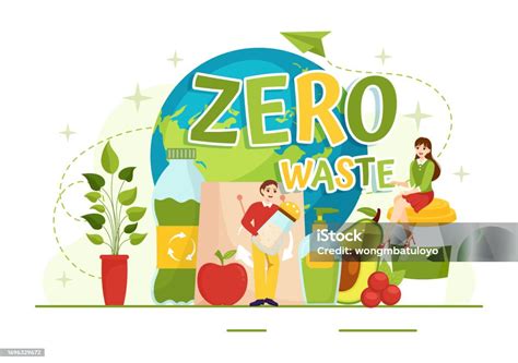 재활용 및 재사용 가능한 제품으로 친환경적인 제로 웨이스트 벡터 일러스트레이션은 지구를 구하고 평평한 만화 배경에서 녹색으로 이동합니다 0에 대한 스톡 벡터 아트 및 기타