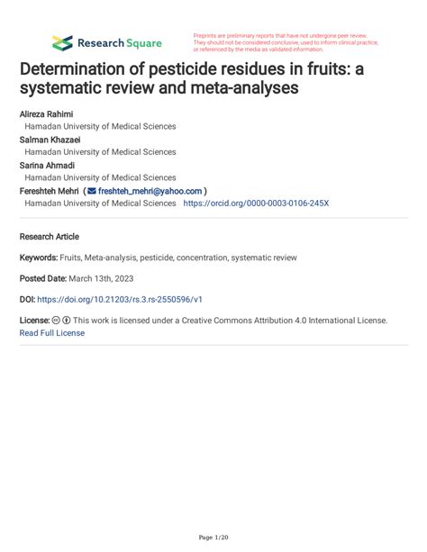 Pdf Determination Of Pesticide Residues In Fruits A Systematic Review And Meta Analyses