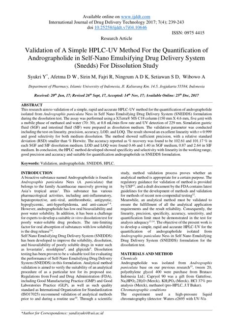 Pdf Validation Of A Simple Hplc Uv Method For The Quantification Of Andrographolide In Self
