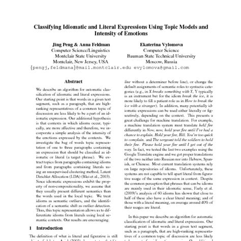Classifying Idiomatic And Literal Expressions Using Topic Models And Intensity Of Emotions Acl