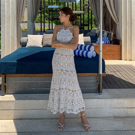 산야 비치 스커트 여성 해변 휴가 여행 착용 사진 여행 불멸의 긴 드레스 등이없는 슬링 드레스 여름 Aliexpress