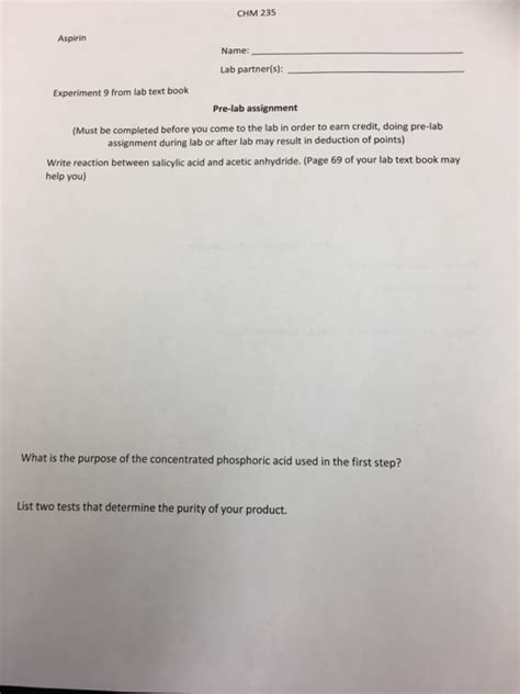 Solved CHM 235 Aspirin Name Lab Partner S Experiment 9 Chegg Com