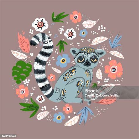 귀여운 재미 반지 꼬리 여우원숭이와 열대 식물 마다가스카르 이국적인 여우원숭이 고양이 평면 및 만화 스타일과 꽃 요소의 벡터 일러스트레이션 귀여운에 대한 스톡 벡터 아트 및