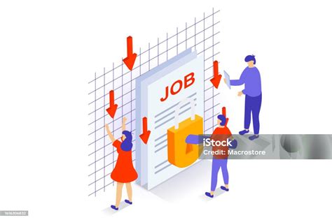 실업과 위기 개념은 3d 아이소메트릭 디자인에서 볼 수 있다 사람들은 일자리를 잃고 재정 문제와 파산을 겪으며 고용 시장이 잠겨 있습니다 웹 그래픽을 위한 등각측정 장면이