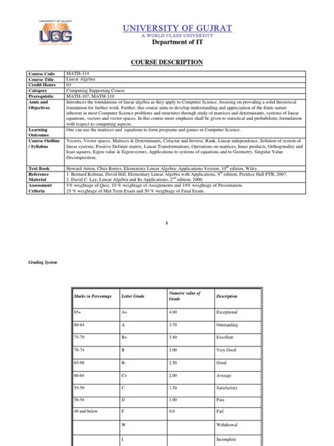 Math 314 Linear Algebra Course Outlines Pdf Matrix Mathematics Linear Algebra