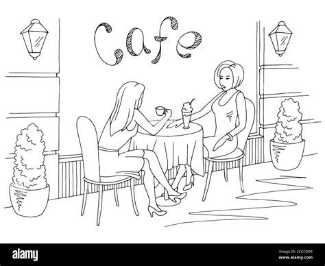 Women Talking And Drinking Coffee In Street Cafe Graphic Black White