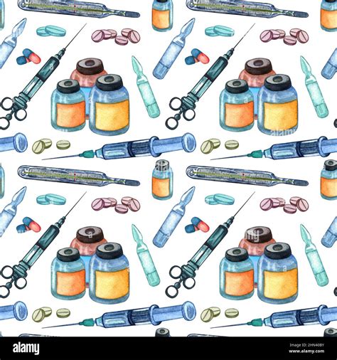 Medical Seamless Pattern With Syringe For Injection Pills Vaccine