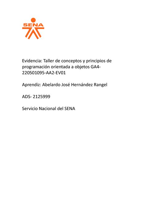 Taller De Conceptos Y Principios De Programación Orientada A Objetos Evidencia Taller De