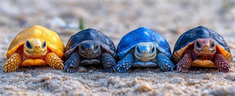 Colorful Tortoises On Beach Four Tortoises In Vibrant Colors Resting