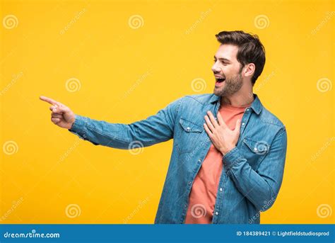 Man Laughing And Pointing With Finger Isolated On Yellow Stock Image Image Of Gesturing Adult