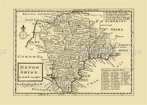 Antique County Map Of Devon Circa 1732