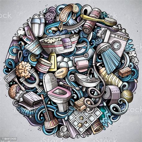 욕실 손으로 그린 벡터 낙서 둥근 그림입니다 욕실 포스터 디자인입니다 인테리어 요소와 개체 만화 배경입니다 밝은 색상 재미있는 그림입니다 모든 항목은 분리됩니다 3차원