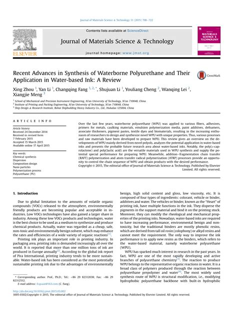 Pdf Recent Advances In Synthesis Of Waterborne Polyurethane And Their Application In Water