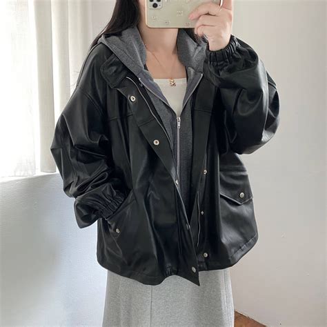 빅사이즈 55 99 집업 후드 페이크 야상 레자 가죽 점퍼 레이어드 자켓