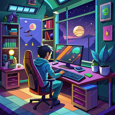 A Cartoon Of A Man Working At A Computer With The Words Planets On The Wall Premium Ai