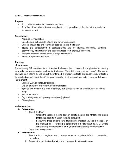 Rle Subcutaneous Injection Subcutaneous Injection Purpose To Provide A Medication The