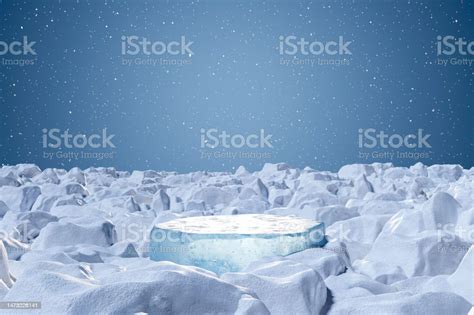 3d 렌더링 겨울 플랫폼 및 자연 연단 배경 얼음 눈 바위 제품 디스플레이의 얼음 연단 광고 빈 원형 무대가 있는 화장품 스킨케어 강단에 대한 스톡 사진 및 기타 이미지