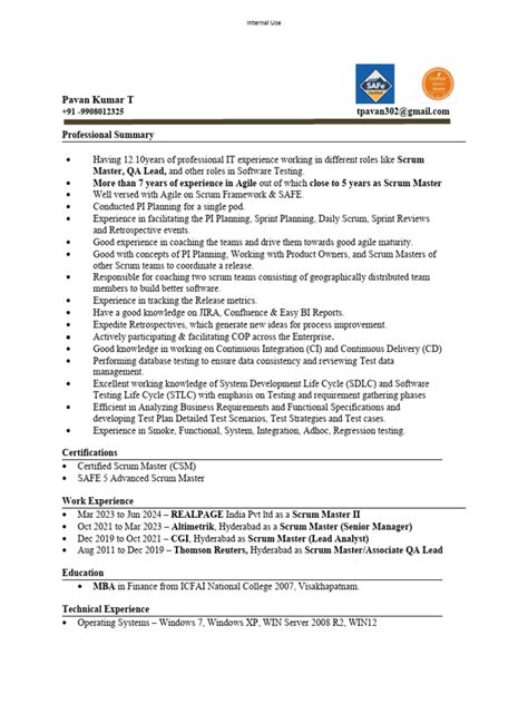 Pavan Kumar T Scrum Master Pdf Scrum Software Development