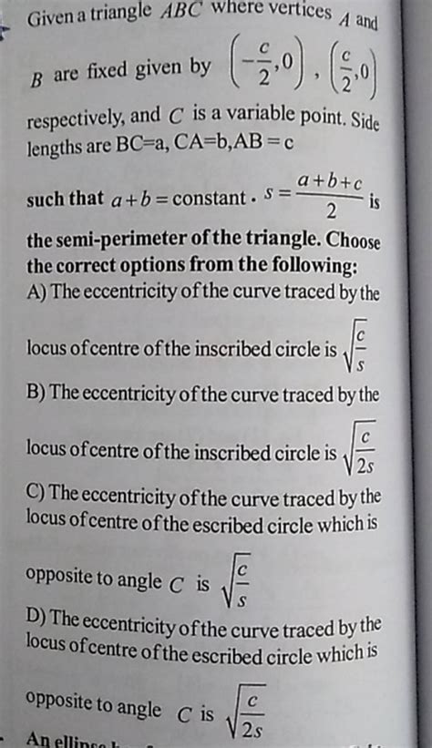 given a triangle abc where vertices a and b are fixed given by −2c 0