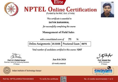Satvik Baranwal On Linkedin Nptel Certificate Managementoffieldsales