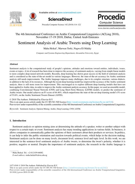 Pdf Sentiment Analysis Of Arabic Tweets Using Deep Learning