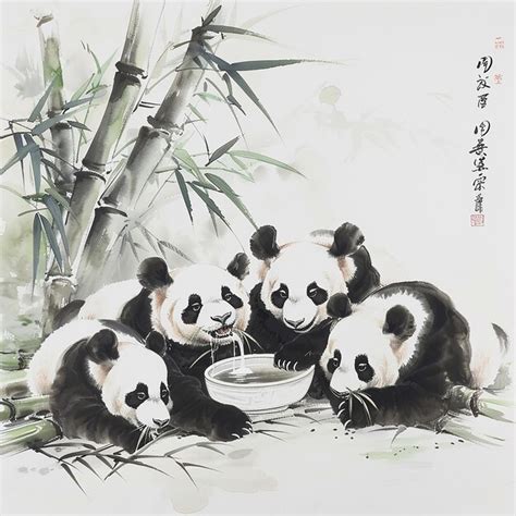 A Drawing Of Pandas And A Bowl Of Rice With Bamboo In The Background Premium Ai Generated Image