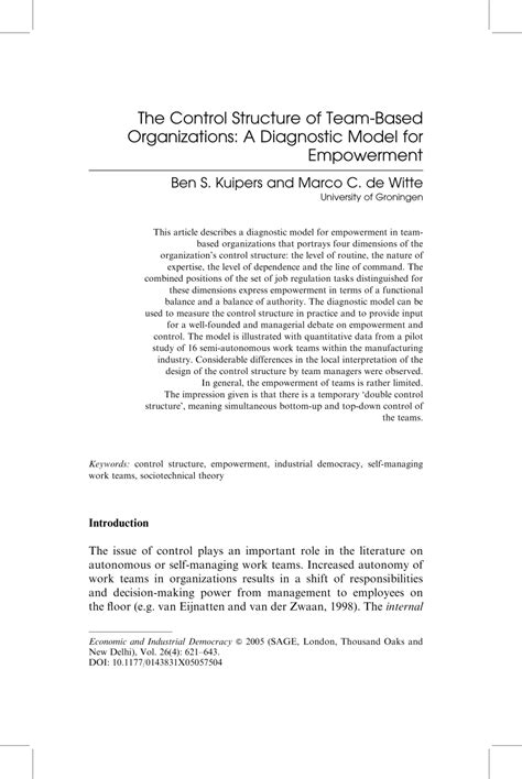 PDF The Control Structure Of Team Based Organizations A Diagnostic Model For Empowerment