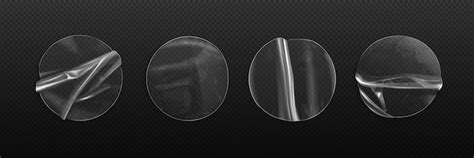 둥근 투명 플라스틱 덕트 테이프 스티커 벡터 세트 끈끈한 필름 패치 텍스처 모형 3d 실제 접착제 조각 오버레이 랩 효과 기포가 있는 원형 껍질 스틱 주름진 아이콘 템플릿