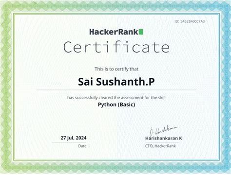 I Am Excited To Share That I Have Successfully Completed Python Basic Course In Hackerrank Sai