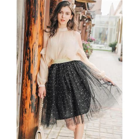 Elegants 4 레이어 65cm 별 여성을위한 스팽글 얇은 명주 그물 치마 여름 A 라인 높은 허리 탄성 긴 스커트 여성 미디 스커트