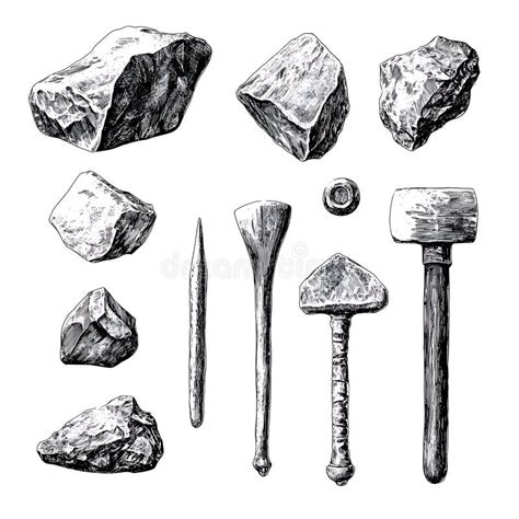 Illustration Manuscrite De Diverses Pierres Et Outils Primitifs