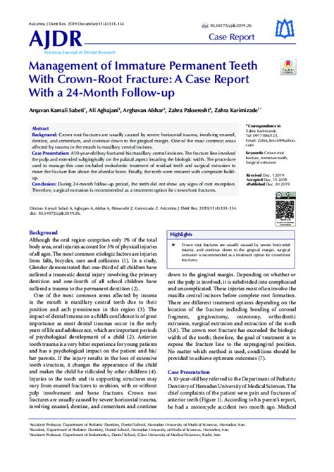Pdf Management Of Immature Permanent Teeth With Crown Root Fracture A Case Report With A 24