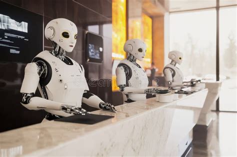 Robots Serve Guests At A Futuristic Hotel Reception During Daylight