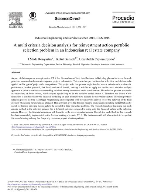 Pdf A Multi Criteria Decision Analysis For Reinvestment Action Portfolio Selection Problem In