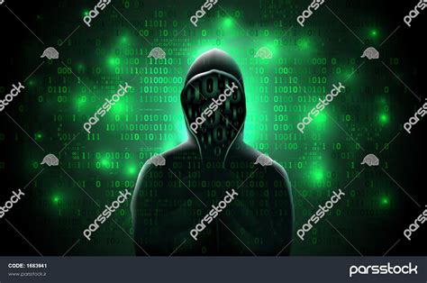 شبح یک هکر در کاپوت با کد باینری در پس زمینه سبز درخشان هک یک سیستم