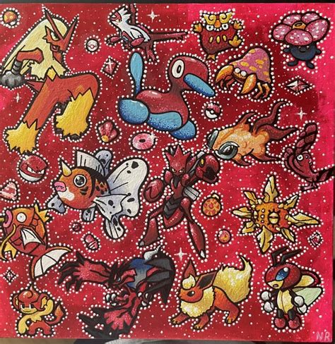 Red Pokemon Collage Acrylic Paints On 12in X 12in Canvas Board Panel