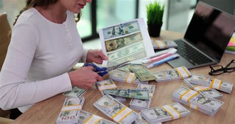 Woman Trims Excess Paper From Printed Bills Using Scissors Stock Video Video Of Corruption