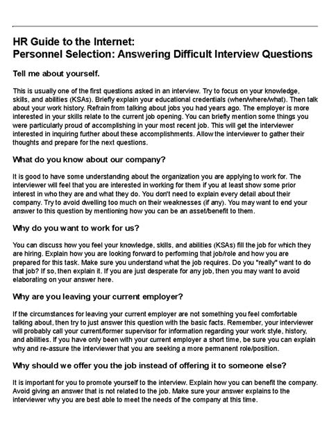 Hr Guide Personnel Selection Interview Questions Hr Guide To The