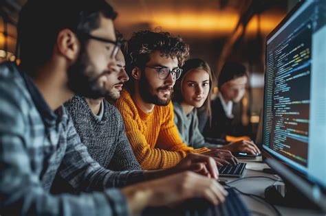 Brainstorming It Programmers Use Computer Together Software Engineers Develop App Programx9