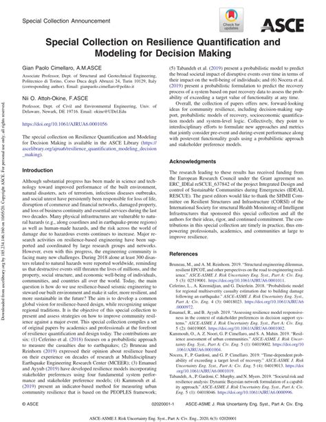 Pdf Special Collection On Resilience Quantification And Modeling For Decision Making