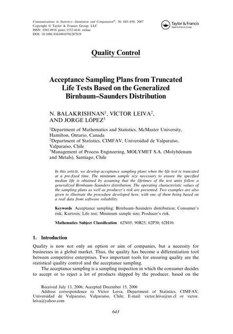 Pdf Acceptance Sampling Plans From Truncated Life Tests Based On The Birnbaum Saunders
