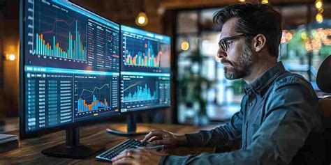 Man Analyzing Financial Data On Multiple Monitors In Modern Office