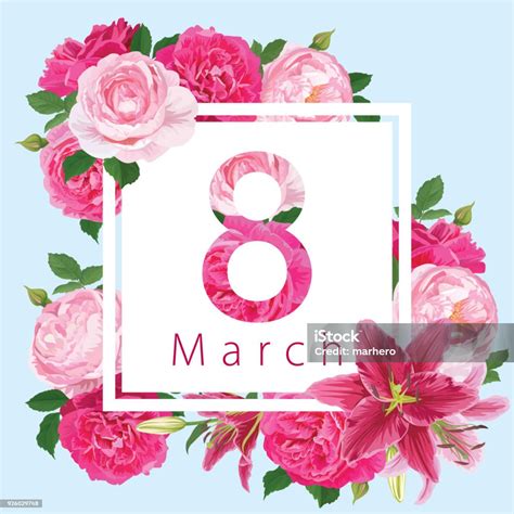 플로랄 프레임 핑크 장미 꽃과 백합 배경 템플릿 8 월 행복 한 여자의 하루 0명에 대한 스톡 벡터 아트 및 기타 이미지 0