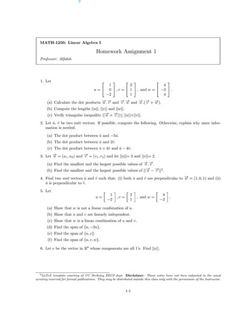 Hw1 Homework Assignment 1 N Math 1250 Linear Algebra I Homework