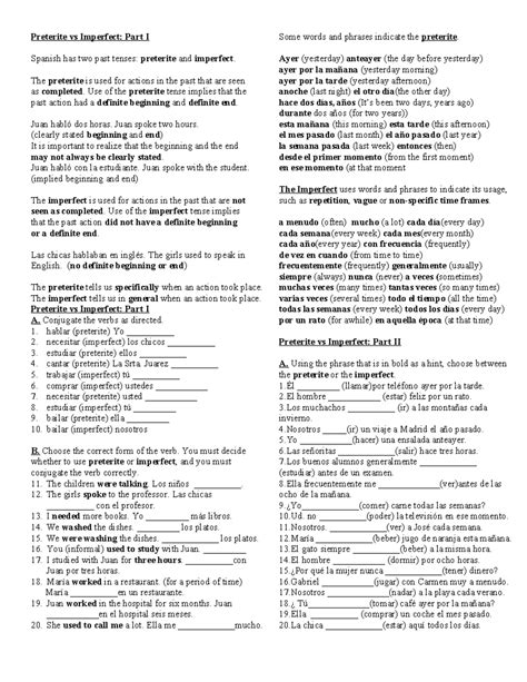 Span Ii 2 2 All Worksheets Preterite Vs Imperfect Part I Spanish Has Two Past Tenses