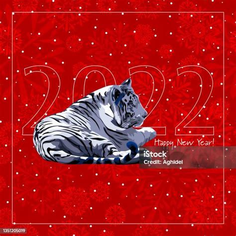흰색 점과 눈송이와 빨간색 반복 배경에 파란색 호랑이 2022 년 새해 복 많은 빨간 텍스트 벡터 그림입니다 인사말 카드 배너 광고 초대 전단지의 디자인 템플릿 컬러 이미지