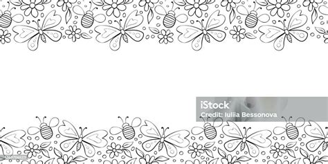 벡터 귀여운 테두리 나비 꿀벌과 낙서 스타일의 꽃의 프레임 수평 상단 및 하단 테두리 장식 휴일을위한 원활한 패턴 자연 디자인